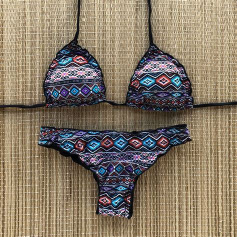 Biquini Ripple Dupla Face Estampa Étnica Preto Dondoca Moda Feminina