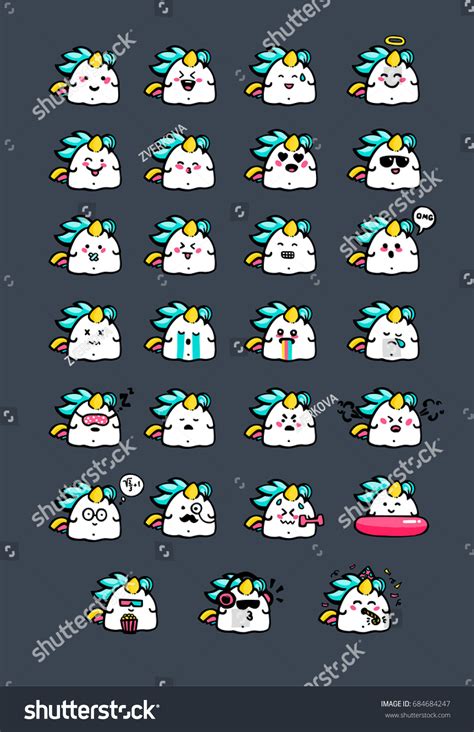 Cute Unicorn Emoji Stickers Patches Collection Stock Vector Royalty