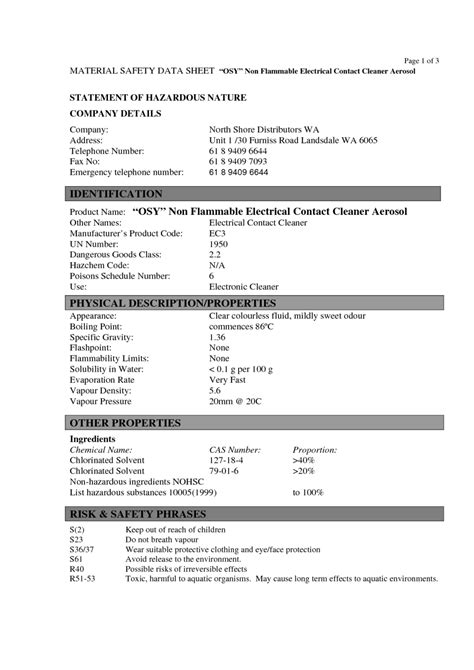 Osy Non Flammable Electrical Contact Cleaner Aerosol Msds Download
