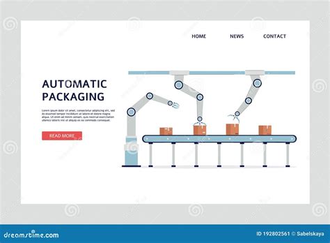 Robot Arm Conveyor Belt Automatic Cardboard Box Packaging System Stock Vector Illustration