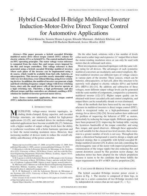 Pdf Hybrid Cascaded H Bridge Multilevel Inverter Motor Drive Dtc Control For Electric Vehicles