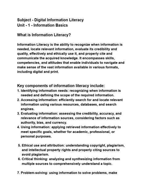Digital Information Literacy Unit 1 To 6 Pdf