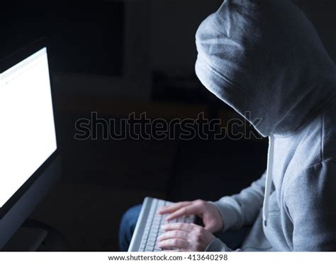 Portrait Hacker Sitting Front Computer Glow Stock Photo Shutterstock
