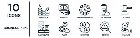 비즈니스 위험 개요 아이콘 세트에는 얇은 라인 경기 침체 시간 관리 경매 경고 검색 마감일 보고서 프리젠 테이션 다이어그램 웹 디자인을위한 지진 아이콘이 포함됩니다 0명에