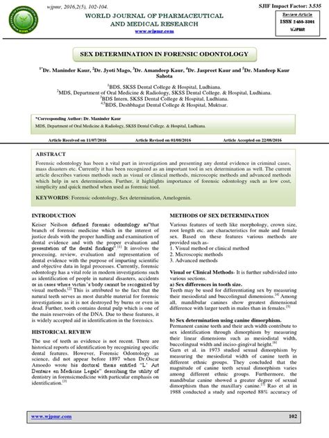 Sex Determination In Forensic Odontology Pdf Polymerase Chain