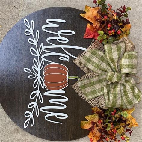 Fall Door Hanger Wreath Welcome Pumpkin Wood Round Sign 16 3d Wood
