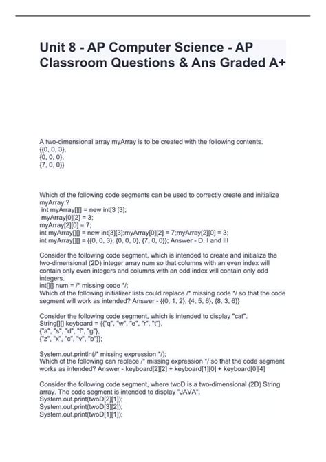 Unit 8 Ap Computer Science Ap Classroom Questions And Ans Graded A Ap Computer Science