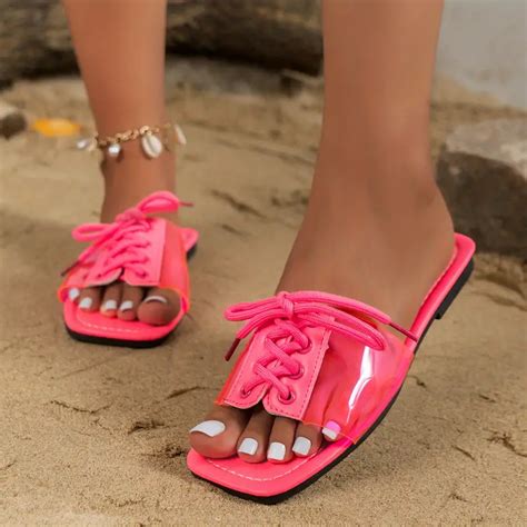 Womens Lace Flat Slides Open Toe Slide Temu New Zealand