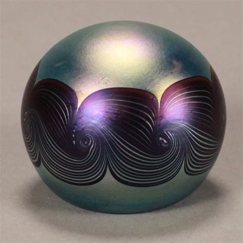 Lot 164 Josh Simpson Paperweight Signed And “p 8 31” Blue With Band Of Feather Like Swirls 3″ D