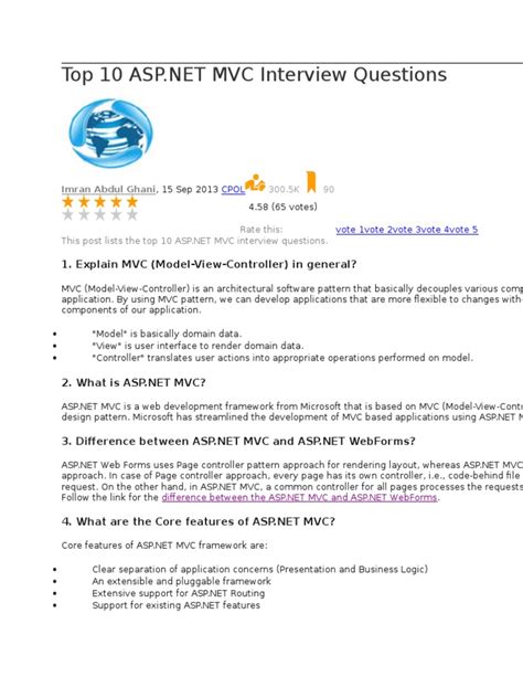 Top 10 Mvc Interview Questions Pdf Model View Controller Software