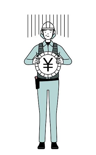 헬멧과 작업복을 입은 선임 여성 엔지니어는 환율 손실 또는 엔화 가치 하락의 이미지를 착용합니다 거래자에 대한 스톡 벡터 아트