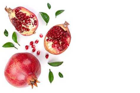 석류 잎 복사 공간 텍스트와 흰색 배경에 고립 최고의 볼 수 있습니다 평면 위치 패턴 3에 대한 스톡 사진 및 기타 이미지 3 3가지 개체 건강한 생활방식 Istock