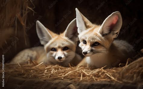 Two Fennec Foxes Nestle Together In Their Straw Bed Their Large Ears