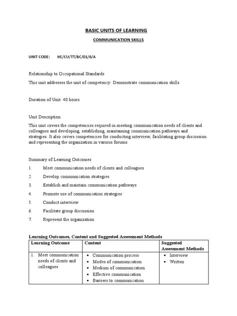 Communication Skills Course Outline Pdf Communication Learning