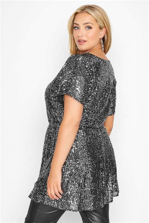 Yours London Plus Size Silver Sequin Embellished Peplum Top Yours