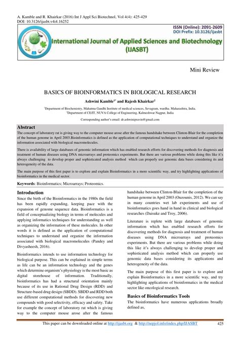 Pdf Basics Of Bioinformatics In Biological Research