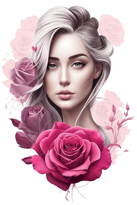 Premium Photo Illustration Vector Style Beauty Woman And Pink Roses