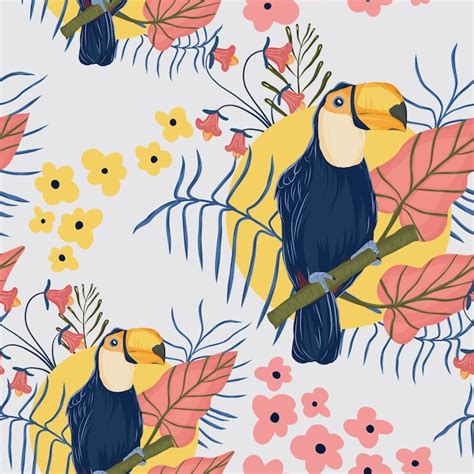 Premium Vector Hand Drawn Toucan Bird And Tropical Leaves Pattern