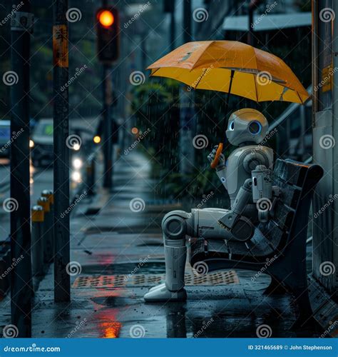Robot Waiting For A Bus In The Rain With Yellow Umbrella Ai Artificial