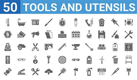 50개의 도구 및 기구 웹 아이콘 세트입니다 오거 온도계 사탕 수은 온도계도 현대 전화 굵게 욕조 금속과 같은 채워진 글리프 아이콘 벡터 그림 0명에 대한 스톡 벡터 아트