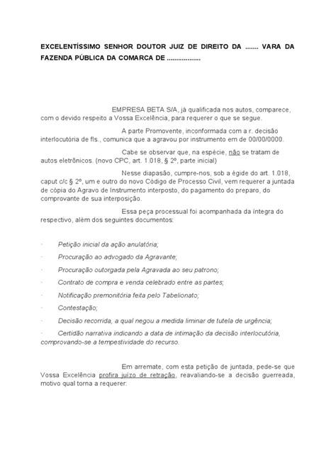 Petição De Juntada De Agravo De Instrumento Novo Cpc Art 1018 Processo