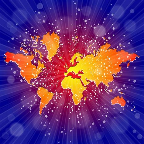 世界地図明るいカラフルな背景に世界の政治地図地球儀太陽光線明るい黄色 プレミアムベクター