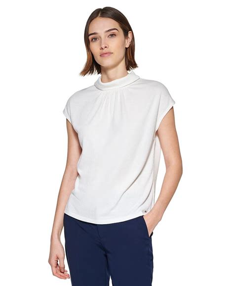 Tommy Hilfiger Womens Textured Mock Neck Cap Sleeve Top Macys