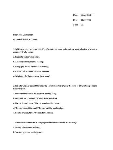 Alvin Cholis Himawan 162120082 Pragmatics Exam Pdf Linguistics