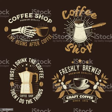 Coffe 상점 기호 배지 템플릿 세트 벡터 커피 그라인더 컵 커피 트리 실루엣의 가지를 가진 타이포그래피 디자인 레스토랑 카페 바 포장 메뉴용 템플릿 커피 마실 것에 대한
