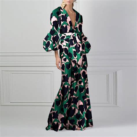 Sexy Deep V Neck Floral Print Lantern Long Sleeve A Line Boho Sexy