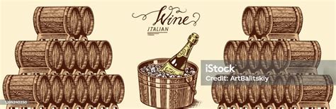 숙성 된 와인과 샴페인의 나무 오크 배럴 용기와 술통 알코올 브랜디 또는 위스키의 피라미드 더미 음료 성숙을위한 빈티지 통 메뉴 배너 또는 포스터에 대한 손으로 그린 스케치
