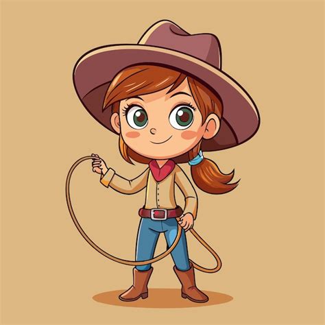 Little Cowgirl Girl With A Rope Lasso Cartoon Vector Premium Ai