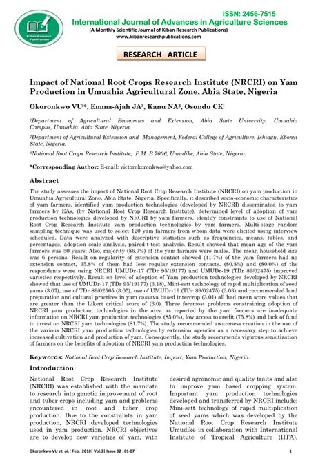 Pdf Impact Of National Root Crops Research Institute Nrcri On Yam