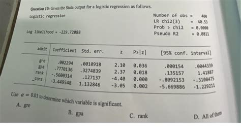 Question 10 Given The Stata Output For A Logistic Regression As