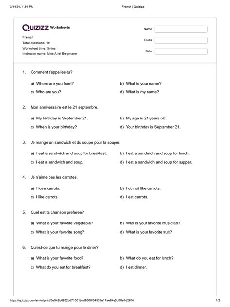 Class 5 Work Sheet French 12 Pdf