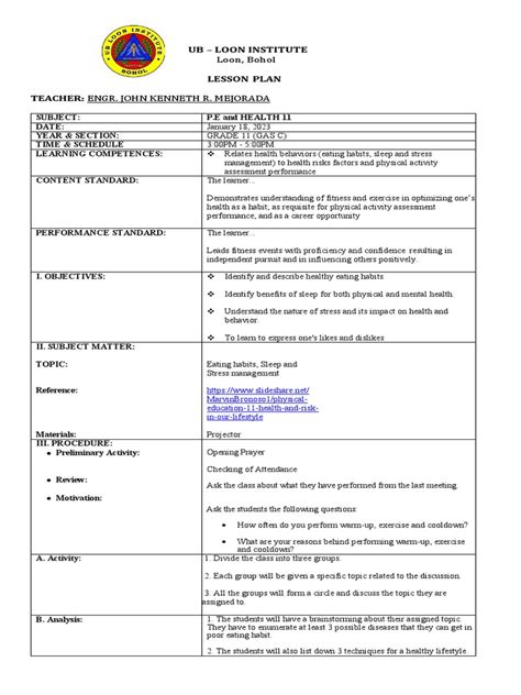 Lesson Plan Pe 11 Download Free Pdf Lesson Plan Sleep