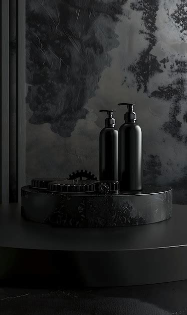 Obsidian Platform With Glassy Texture Black Cylindrical Bott Elegant Backdrop Stand Photo