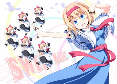 Safebooru Alice Margatroid Apron Arms Up Black Dress Blonde Hair Blue Dress Blue Eyes Bow