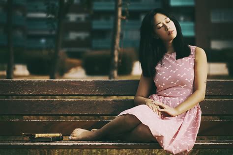 Wallpaper Bench Sitting Asian Closed Eyes Women Books Long Hair Barefoot 1920x1280