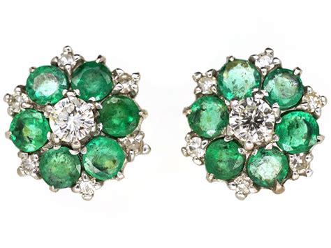 18ct White Gold Emerald And Diamond Cluster Earrings The Antique