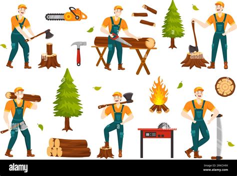 Men Chopping Wood And Cutting Tree With Lumberjack Work Equipment