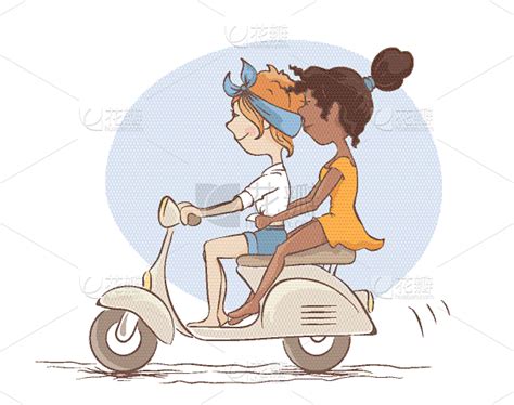 小型摩托车 女孩 旅途 多样 手提箱 女人 夏天 户外 欢乐 绘画插图