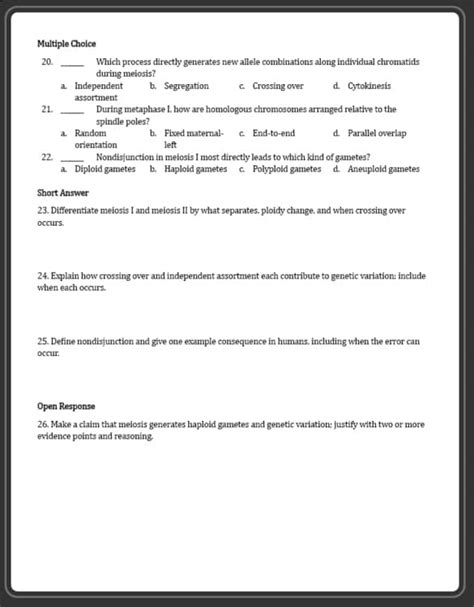 Meiosis Formation Of Gametes And Genetic Variation Review Worksheet Biology