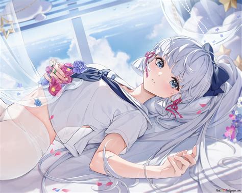 Sweet Innocent Anime Girl Kamisato Ayaka Lying Over A Bed Genshin 4k Wallpaper Download