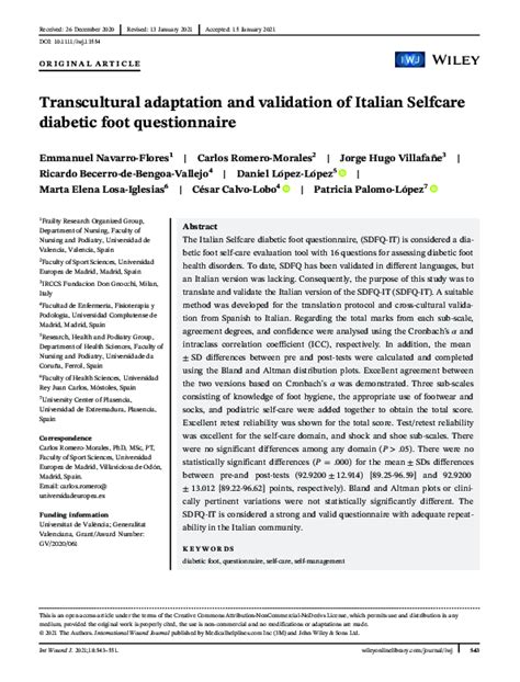 Pdf Transcultural Adaptation And Validation Of Italian Selfcare Diabetic Foot Questionnaire
