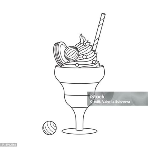 개요 휘핑 아이스크림 쿠키 사탕 및 짚을 크림 그릇에 담았습니다 유제품 차가운 디저트 제철 달콤한 음식 흑백 낙서 손으로 그린 벡터 일러스트 레이 션은 흰색에 고립되어