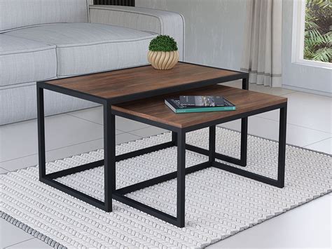 Conjunto Mesa De Centro Industrial 85cm e 80cm Aço Preto Duo Madeira