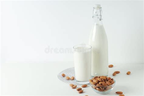 A Glass With Almond Milk And The Bowl With Almonds Stock Image Image