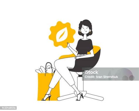 소녀 제품 및 에코 로고가있는 패키지 생태 제품의 개념 선화 스타일 흰색 배경에 고립되어 있습니다 벡터 일러스트레이션 가방에 대한 스톡 벡터 아트 및 기타 이미지 Istock