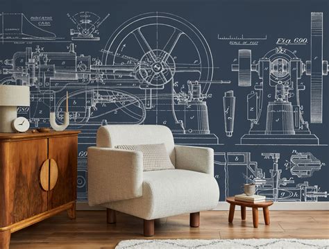 Vintage Steam Engine Blueprint Wall Mural Eazywallz